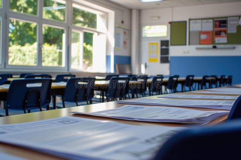 Empty Classroom with Exam Papers on Desks, No Students Stock Image ...