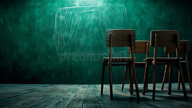 Classroom with Desks and Chalkboard in Simple Design Stock Illustration ...