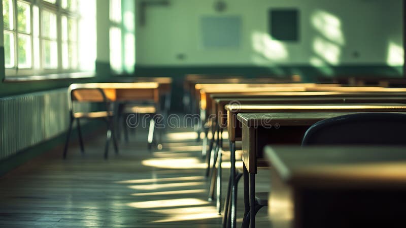 Empty Classroom with Rows of Wooden Desks. Back To School Concept Stock ...