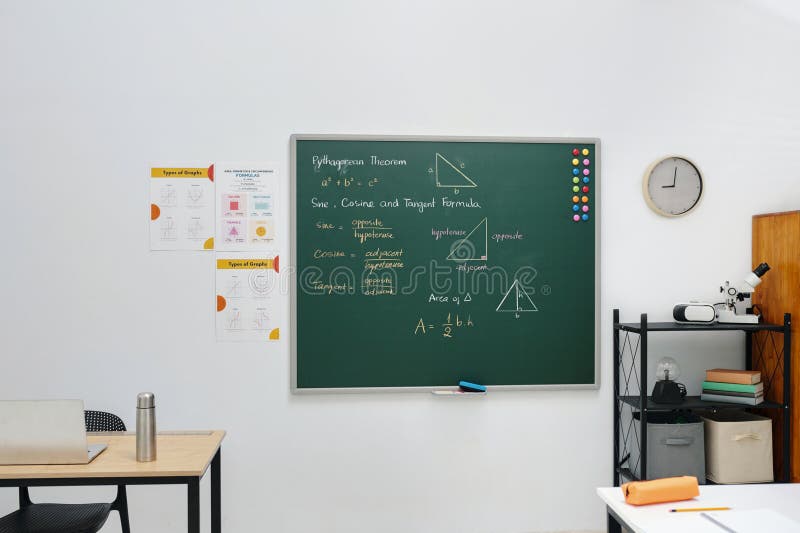 Empty Classroom with Geometry Equations on Chalkboard Stock ...