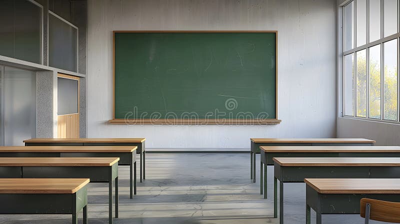Empty Classroom with Green Chalkboard and Wooden Desks, Education and ...