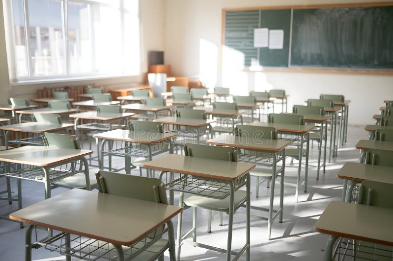 Empty Classroom with Green Desks, Sunlight Streaming through a Window ...