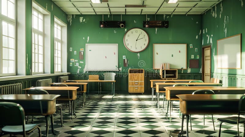 An Empty Classroom with Green Walls and a Clock Stock Photo - Image of ...