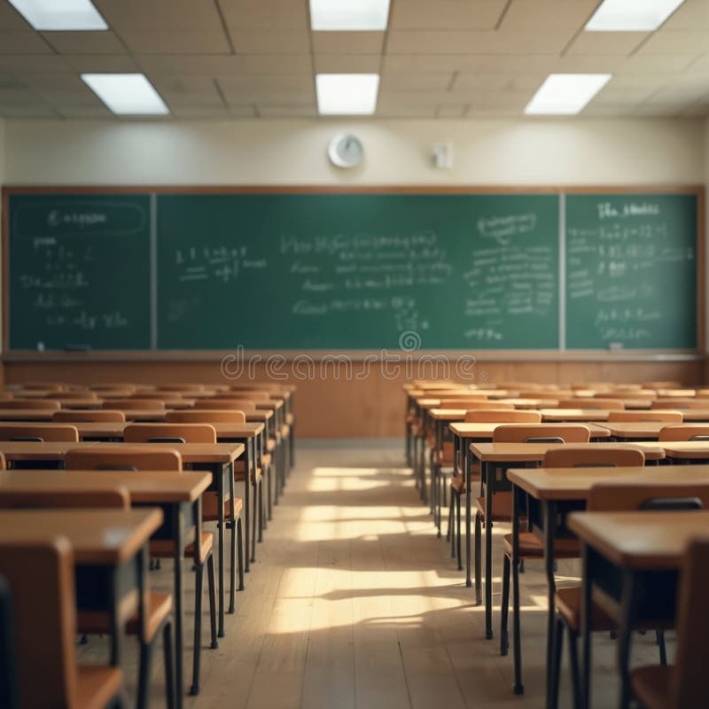 Empty Classroom Interior Illustration. Desks Chairs Arranged in Rows Facing Blackboard with Math ...