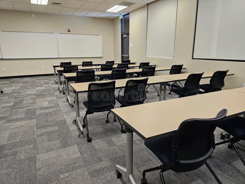 Empty Classroom Interior, with Rows of Desks Stock Photo - Image of ...