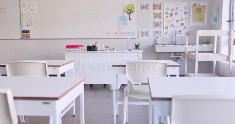 Empty, Classroom and Interior of School in Education with Whiteboard ...