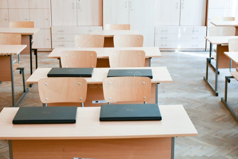 Classroom With Wooden School Desks And Chairs Stock Image - Image of ...
