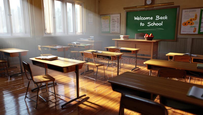 Empty Classroom Interior with Wooden Desks, Sunlight Streaming through ...