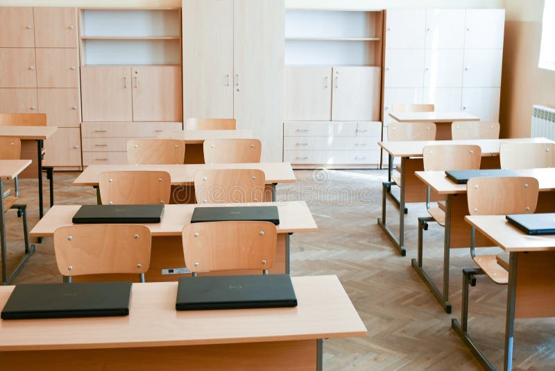 Empty Classroom with Laptops on Desk Stock Photo - Image of blackboard ...