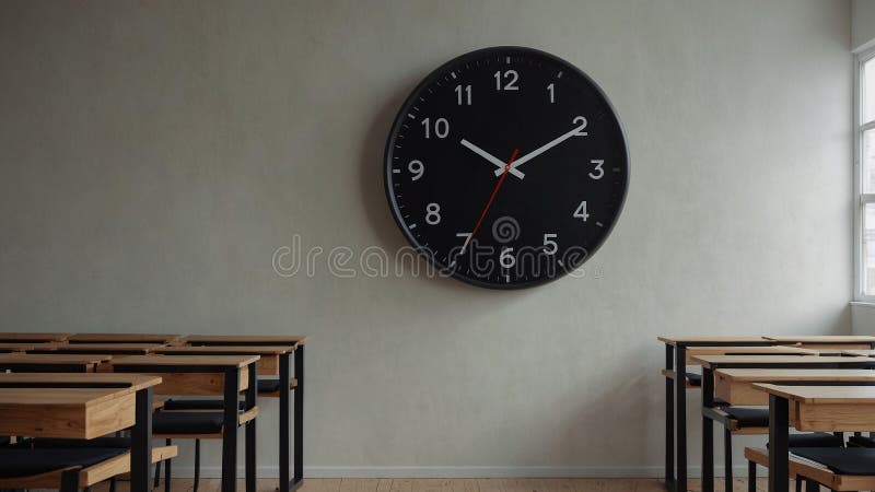 Empty Classroom with Large Wall Clock Showing 10:10 in a Modern, Sunlit ...