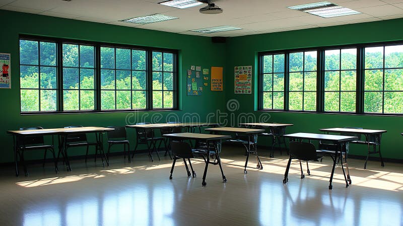 Empty Classroom with Large Windows Stock Illustration - Illustration of ...