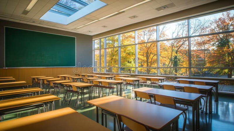 Empty Classroom with Large Windows and Fall Foliage View Stock ...