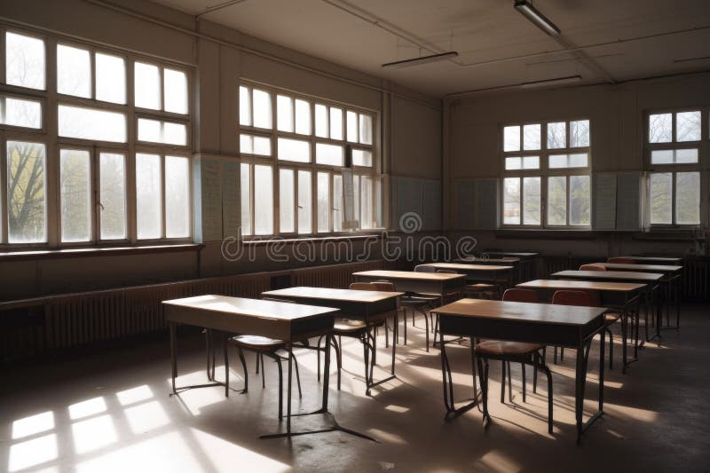 Empty Classroom with Large Windows, Natural Light Streaming in Stock Illustration - Illustration ...