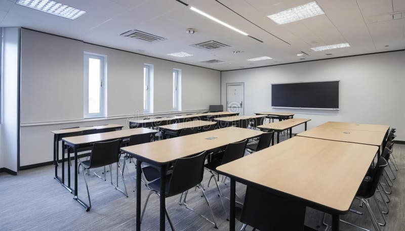 Empty Classroom with Light-Beige Tables and Black Chairs Stock ...