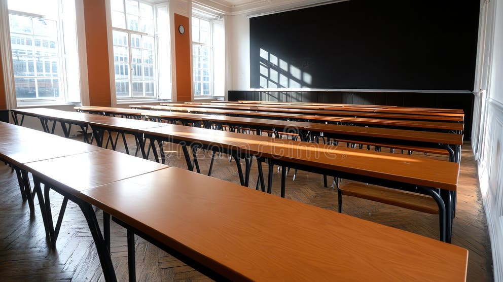 Empty Classroom with Long Tables and Large Windows, Minimalistic Design ...