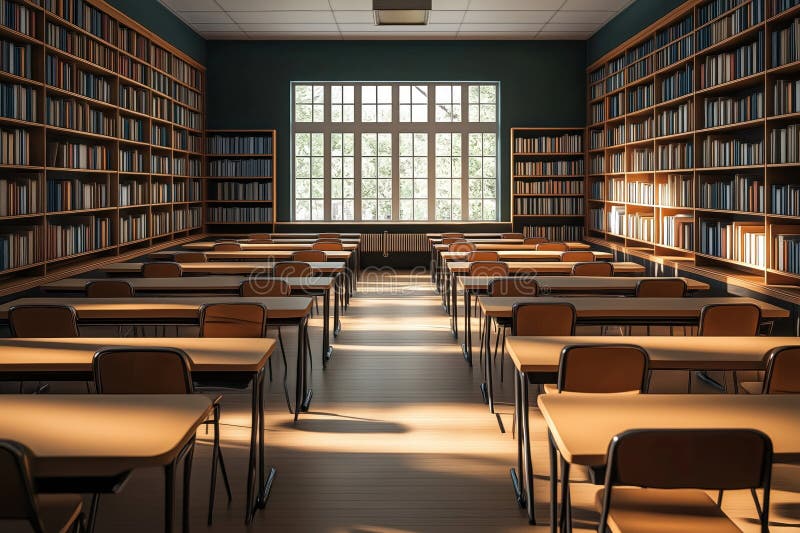 Empty Classroom with Many Desks, Bookshelves. Sunlight Streams in ...