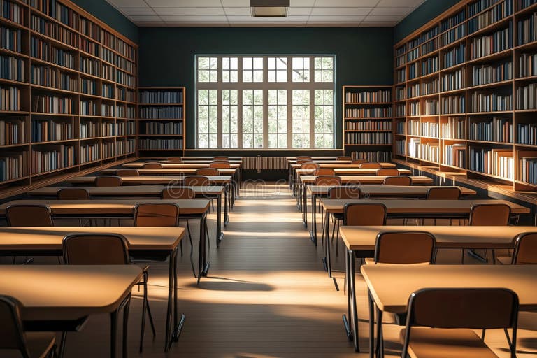 Empty Classroom with Many Desks, Bookshelves. Sunlight Streams in ...