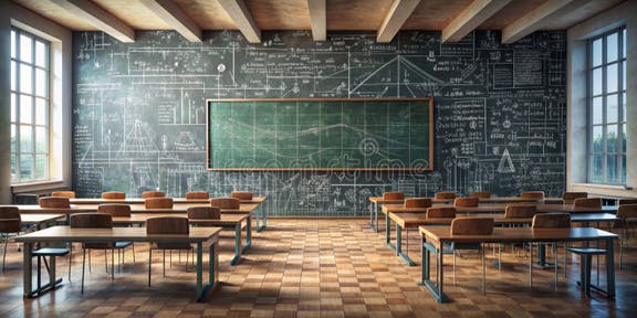 Empty Classroom with a Massive Blackboard Covered in Complex Math ...