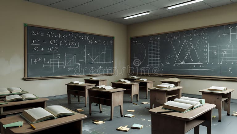 Empty Classroom with Math Equations on Blackboard Stock Illustration ...