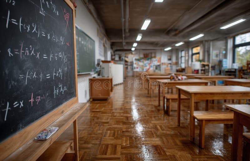 Empty Classroom with Math Equations on Chalkboard and Wooden Desks ...
