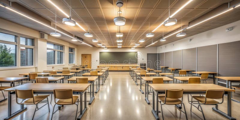 Empty Classroom with Modern Lighting and Desks - Interior Design ...