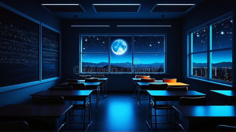 Nighttime Classroom: Serene Moonscape View, Dark Blue Hues Stock ...