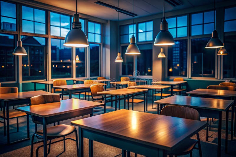 Empty Classroom at Night Dark Academia Study Space with Illuminated ...