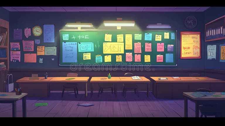 Empty Classroom at Night, Desks, Blackboard Covered in Notes and Papers ...