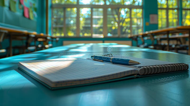Empty Classroom with Notebook and Pen Stock Photo - Image of organized ...