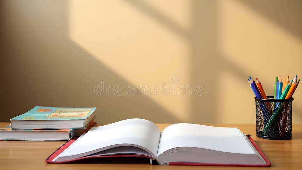 Empty Classroom with Open Notebooks and a Cup of Pencils on the Desk ...