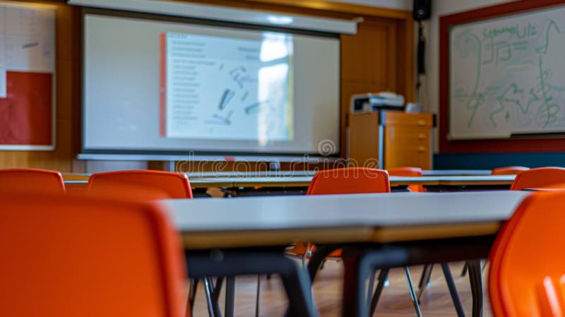 Empty Classroom with Projector Screen and Whiteboard is Ready for ...