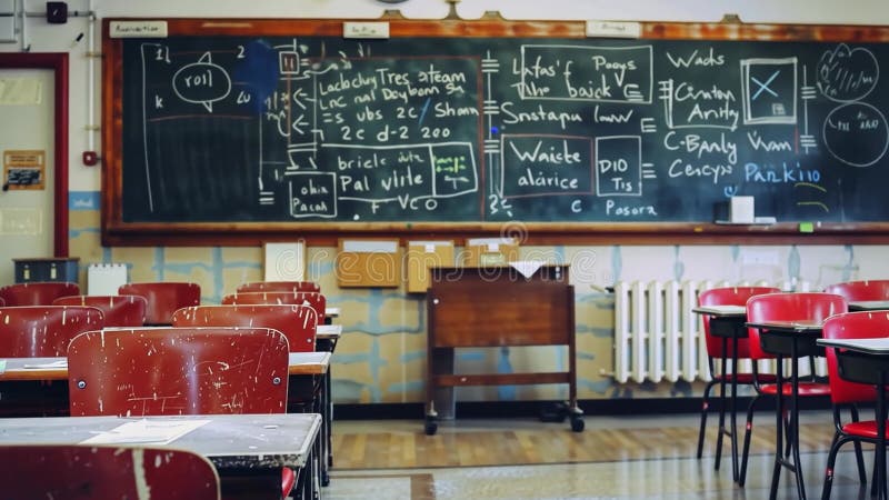 A Classroom Filled with Desks and a Chalkboard, an Empty High School ...