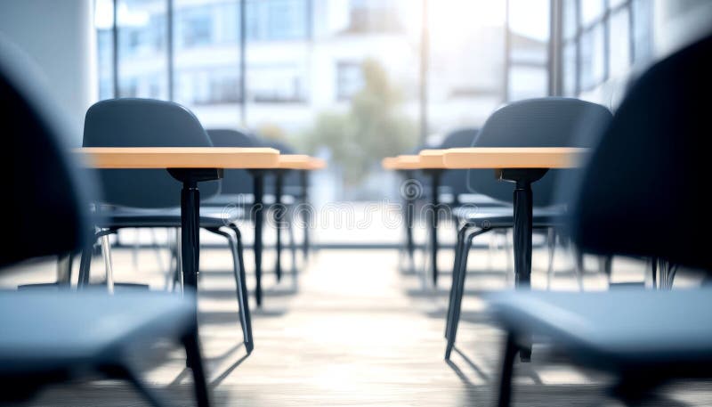 Empty Classroom with a Row of Desks and Sunlight, Back To School or ...