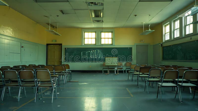 An Empty Classroom with Rows of Chairs and a Chalkboard in the ...