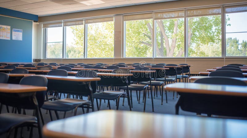 Empty Classroom with Rows of Desks and Chairs Stock Photo - Image of ...