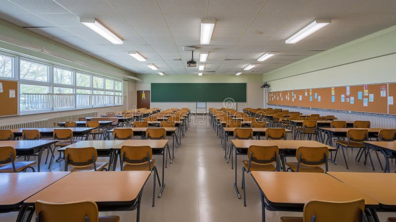 Empty Classroom with Rows of Desks and Chairs Stock Photo - Image of ...