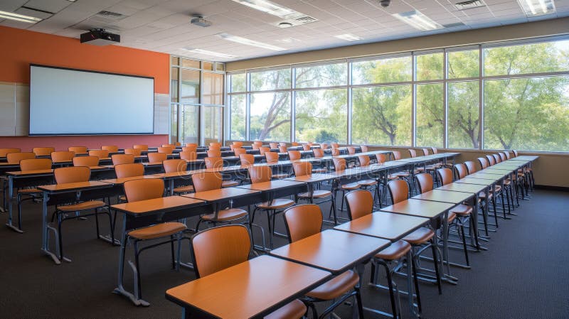 Empty Classroom with Rows of Desks and Chairs Stock Image - Image of ...
