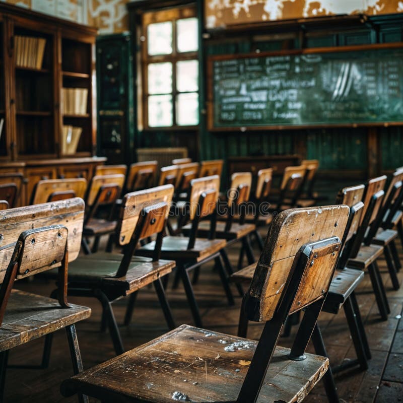 Empty Classroom with Wooden Chairs and Chalkboard in a Historic School ...