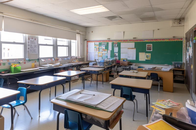 Empty Classroom Setup with Books, Notebooks, and Pens on the Desks for ...