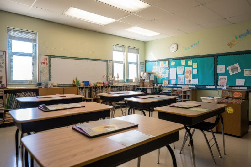 Empty Classroom Setup with Books, Notebooks, and Pens on the Desks for ...