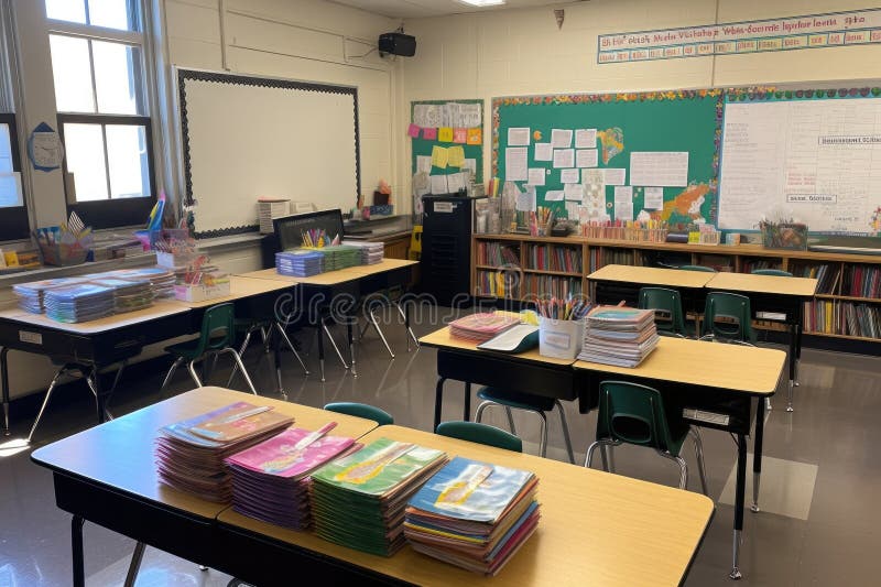 Empty Classroom Setup with Books, Notebooks, and Pens on the Desks for ...