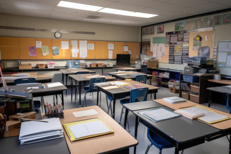 Empty Classroom Setup with Books, Notebooks, and Pens on the Desks for ...