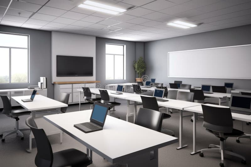 Empty Classroom Setup with Modern and Sleek Furniture, Including ...