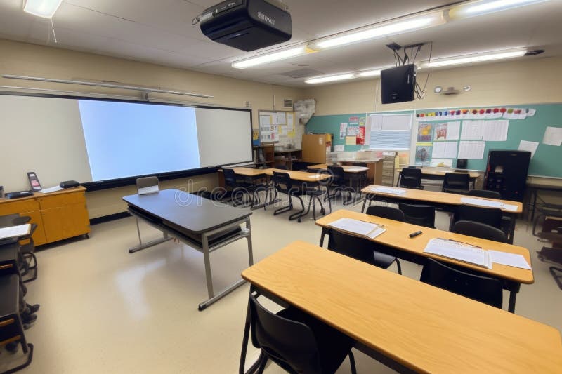 Empty Classroom Setup with Smartboard, Projector, and Laptop for Modern ...