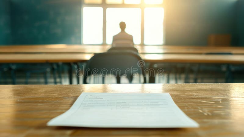 Empty Classroom with Single Student and Focused Exam Paper on Wooden ...