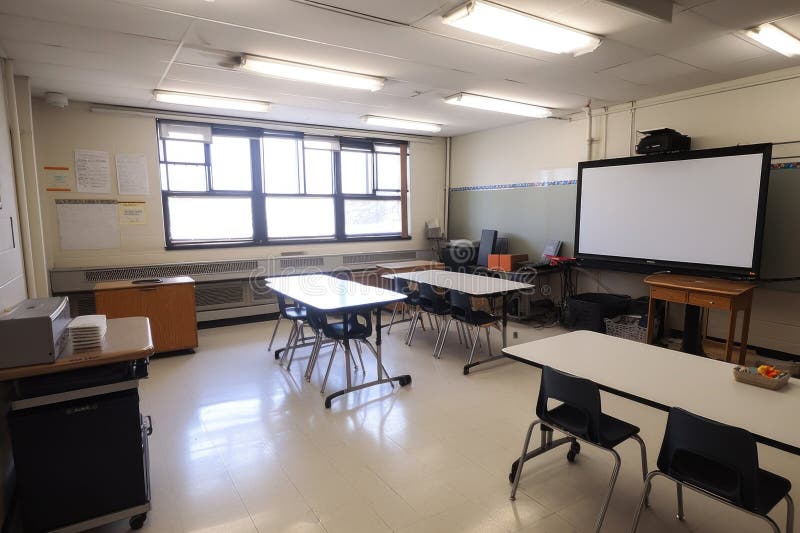 Empty Classroom with Smartboard and Projector Setup Stock Photo - Image ...