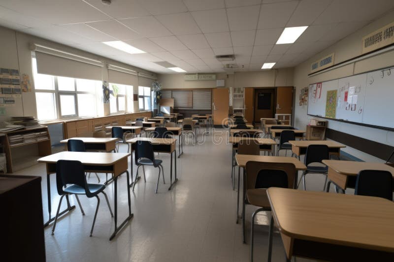 Empty Classroom, with Student Desks and Chairs in Their Place, Ready ...