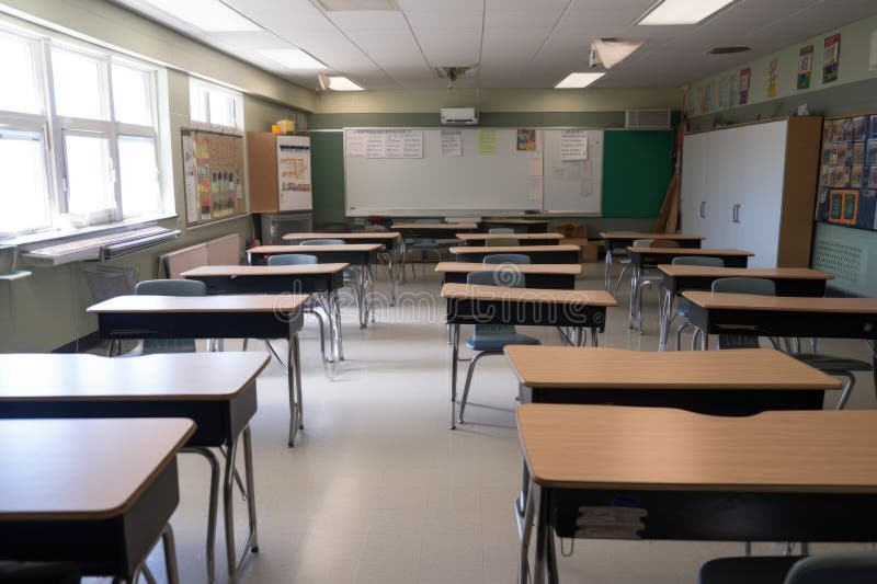 Empty Classroom, with Student Desks and Chairs in Their Place, Ready ...