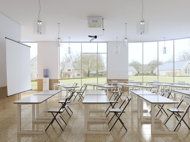 Modern Classroom with Large Panoramic Windows and White Desks, Bright ...