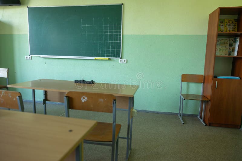 Empty Classroom without Students in School Chairs and Desks, Board in ...